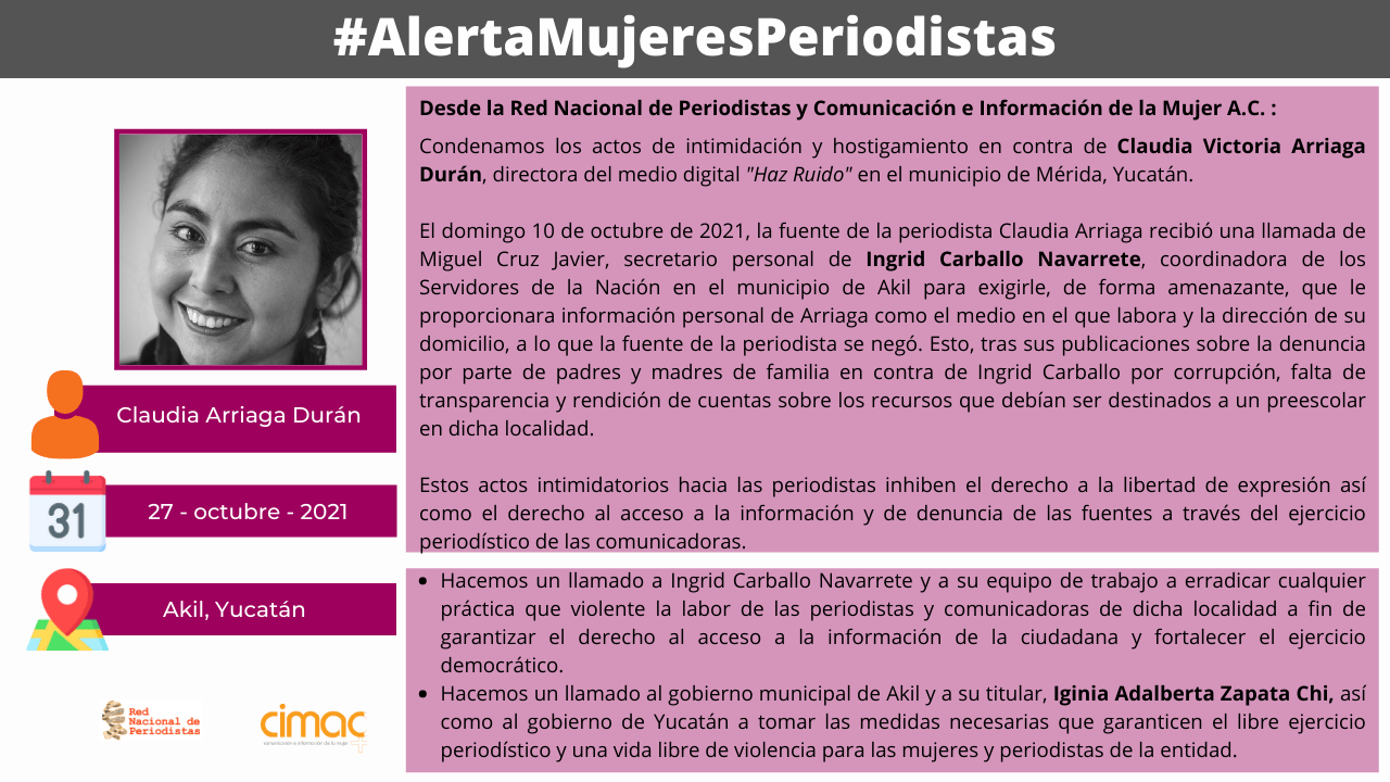 #Alerta Claudia Arriaga – CIMAC ORG